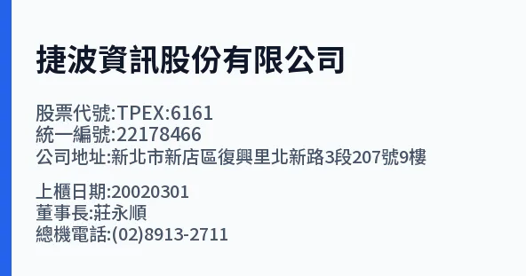 捷波資訊股份有限公司 股票代號 TPEX:6161 統編 22178466 上櫃公司基本資料圖
