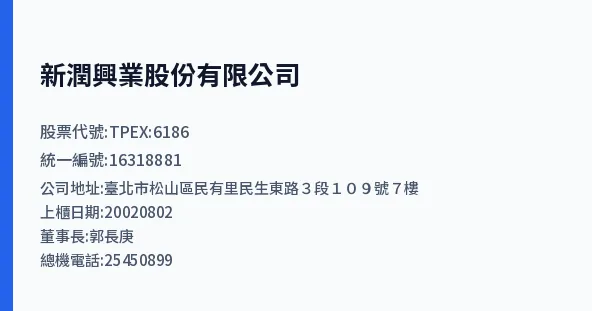 新潤興業股份有限公司 股票代號 TPEX:6186 統編 16318881 上櫃公司基本資料圖