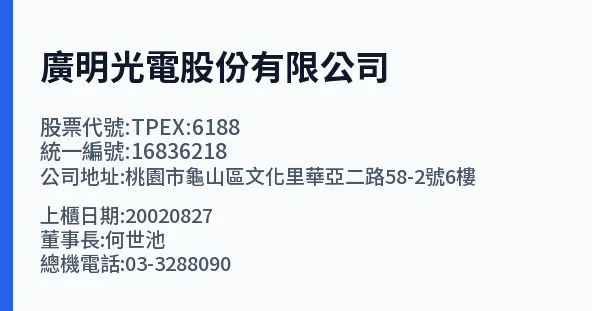 廣明光電股份有限公司 股票代號 TPEX:6188 統編 16836218 上櫃公司基本資料圖