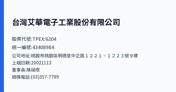 台灣艾華電子工業股份有限公司 股票代號 TPEX:6204 統編 43408984 上櫃公司基本資料圖