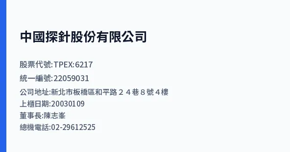 中國探針股份有限公司 股票代號 TPEX:6217 統編 22059031 上櫃公司基本資料圖