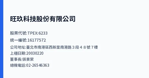 旺玖科技股份有限公司 股票代號 TPEX:6233 統編 16177572 上櫃公司基本資料圖