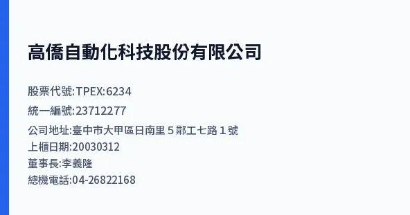 高僑自動化科技股份有限公司 股票代號 TPEX:6234 統編 23712277 上櫃公司基本資料圖