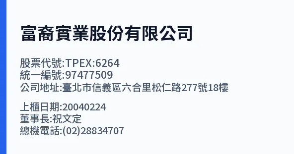 富裔實業股份有限公司 股票代號 TPEX:6264 統編 97477509 上櫃公司基本資料圖
