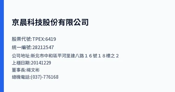 京晨科技股份有限公司 股票代號 TPEX:6419 統編 28212547 上櫃公司基本資料圖