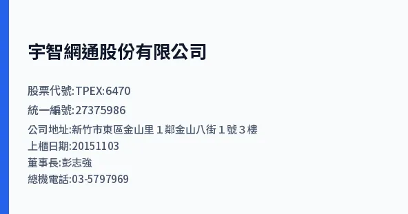 宇智網通股份有限公司 股票代號 TPEX:6470 統編 27375986 上櫃公司基本資料圖
