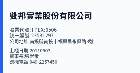 雙邦實業股份有限公司 股票代號 TPEX:6506 統編 23531297 上櫃公司基本資料圖