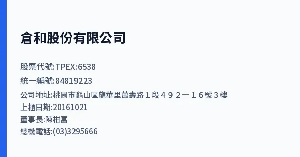 倉和股份有限公司 股票代號 TPEX:6538 統編 84819223 上櫃公司基本資料圖