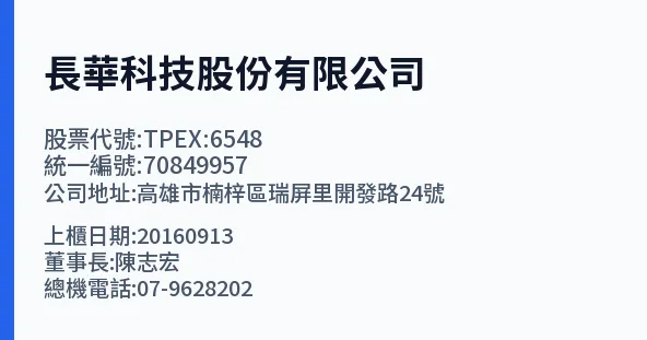 長華科技股份有限公司 股票代號 TPEX:6548 統編 70849957 上櫃公司基本資料圖