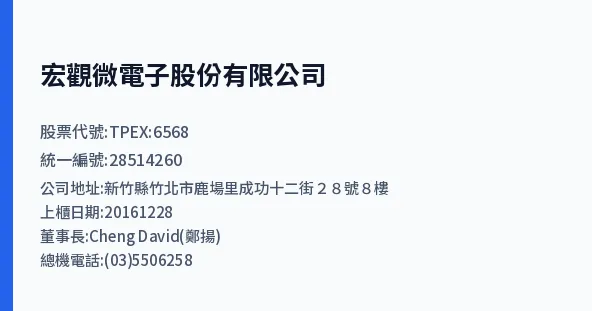 宏觀微電子股份有限公司 股票代號 TPEX:6568 統編 28514260 上櫃公司基本資料圖