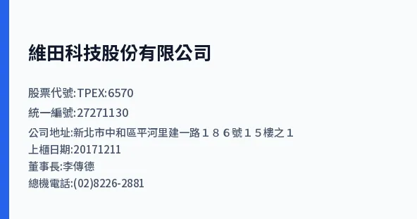維田科技股份有限公司 股票代號 TPEX:6570 統編 27271130 上櫃公司基本資料圖