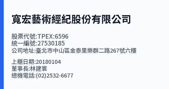 寬宏藝術經紀股份有限公司 股票代號 TPEX:6596 統編 27530185 上櫃公司基本資料圖