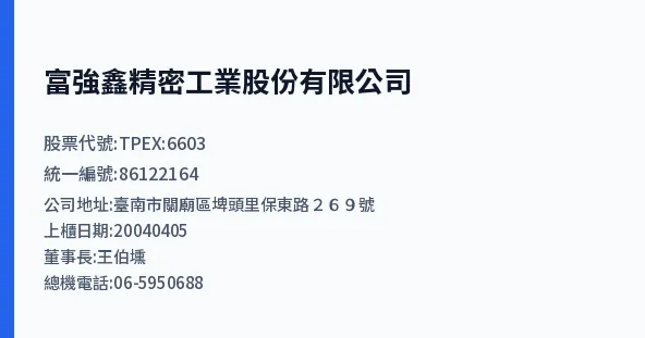 富強鑫精密工業股份有限公司 股票代號 TPEX:6603 統編 86122164 上櫃公司基本資料圖
