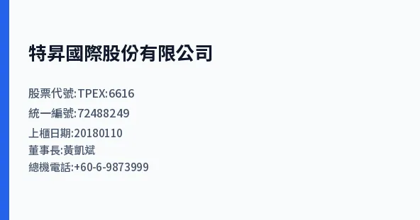 特昇國際股份有限公司 股票代號 TPEX:6616 統編 72488249 上櫃公司基本資料圖