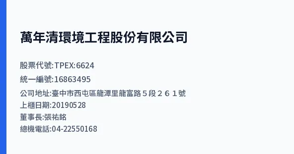 萬年清環境工程股份有限公司 股票代號 TPEX:6624 統編 16863495 上櫃公司基本資料圖