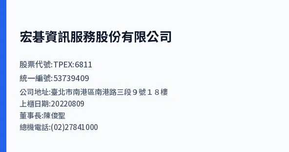 宏碁資訊服務股份有限公司 股票代號 TPEX:6811 統編 53739409 上櫃公司基本資料圖
