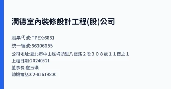 潤德室內裝修設計工程(股)公司 股票代號 TPEX:6881 統編 86306655 上櫃公司基本資料圖