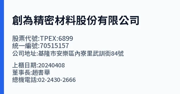 創為精密材料股份有限公司 股票代號 TPEX:6899 統編 70515157 上櫃公司基本資料圖