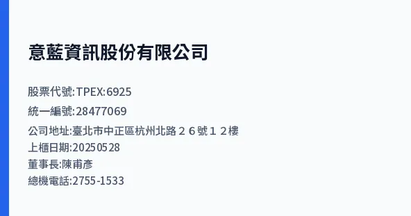 意藍資訊股份有限公司 股票代號 TPEX:6925 統編 28477069 上櫃公司基本資料圖