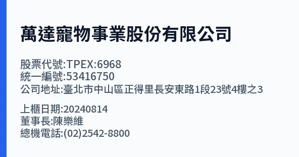 萬達寵物事業股份有限公司 股票代號 TPEX:6968 統編 53416750 上櫃公司基本資料圖