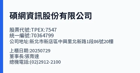 碩網資訊股份有限公司 股票代號 TPEX:7547 統編 70364799 上櫃公司基本資料圖