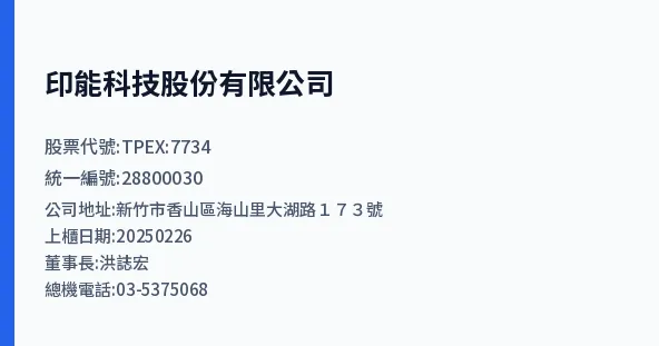 印能科技股份有限公司 股票代號 TPEX:7734 統編 28800030 上櫃公司基本資料圖