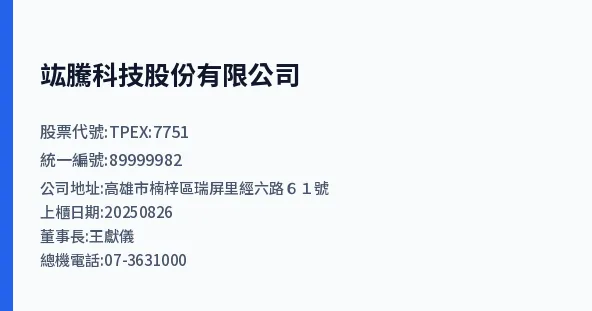 竑騰科技股份有限公司 股票代號 TPEX:7751 統編 89999982 上櫃公司基本資料圖