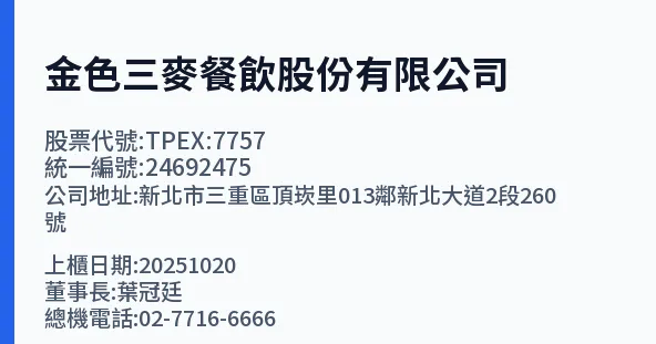 金色三麥餐飲股份有限公司 股票代號 TPEX:7757 統編 24692475 上櫃公司基本資料圖