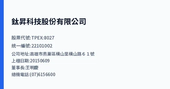 鈦昇科技股份有限公司 股票代號 TPEX:8027 統編 22101002 上櫃公司基本資料圖