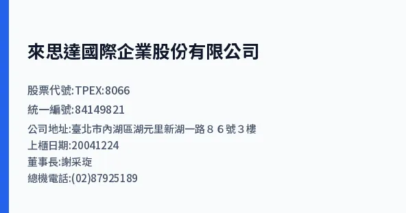 來思達國際企業股份有限公司 股票代號 TPEX:8066 統編 84149821 上櫃公司基本資料圖