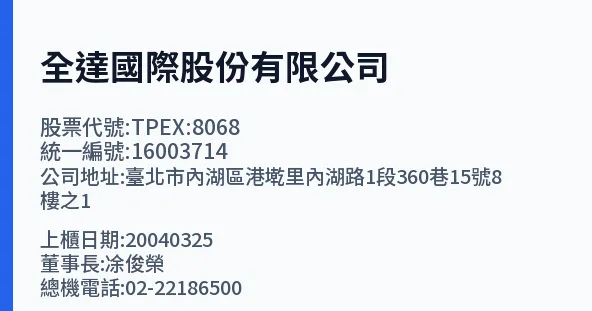 全達國際股份有限公司 股票代號 TPEX:8068 統編 16003714 上櫃公司基本資料圖