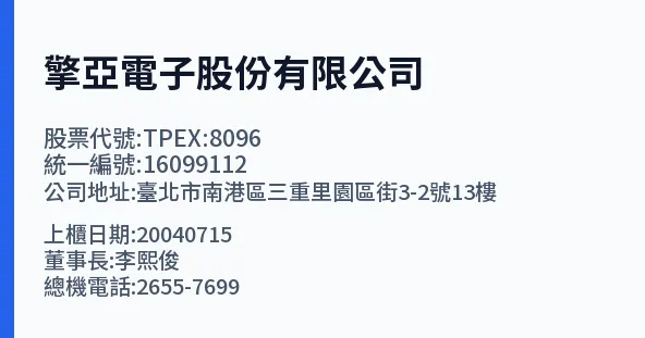 擎亞電子股份有限公司 股票代號 TPEX:8096 統編 16099112 上櫃公司基本資料圖