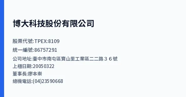 博大科技股份有限公司 股票代號 TPEX:8109 統編 86757291 上櫃公司基本資料圖