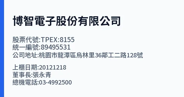博智電子股份有限公司 股票代號 TPEX:8155 統編 89495531 上櫃公司基本資料圖