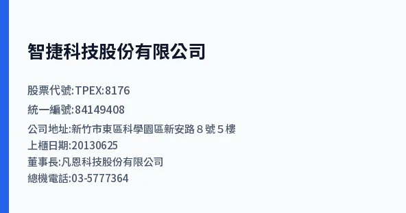 智捷科技股份有限公司 股票代號 TPEX:8176 統編 84149408 上櫃公司基本資料圖