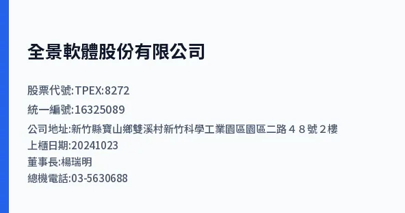 全景軟體股份有限公司 股票代號 TPEX:8272 統編 16325089 上櫃公司基本資料圖