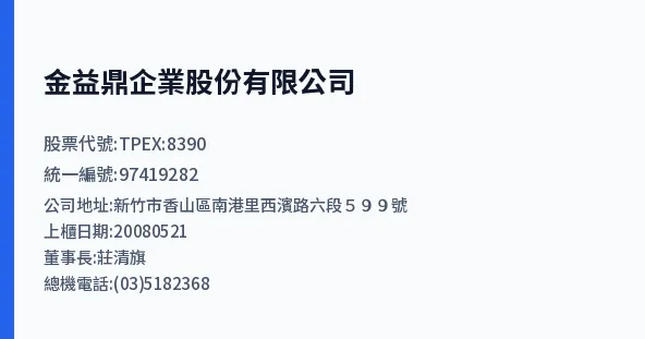 金益鼎企業股份有限公司 股票代號 TPEX:8390 統編 97419282 上櫃公司基本資料圖