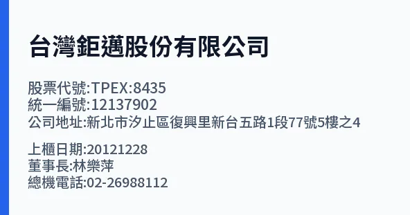 台灣鉅邁股份有限公司 股票代號 TPEX:8435 統編 12137902 上櫃公司基本資料圖