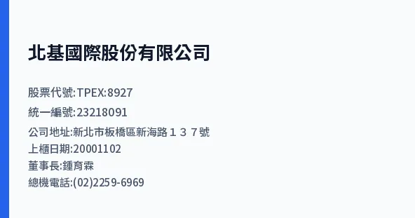 北基國際股份有限公司 股票代號 TPEX:8927 統編 23218091 上櫃公司基本資料圖