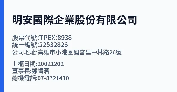 明安國際企業股份有限公司 股票代號 TPEX:8938 統編 22532826 上櫃公司基本資料圖