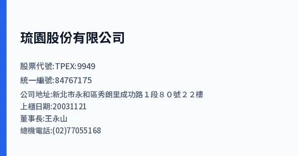 琉園股份有限公司 股票代號 TPEX:9949 統編 84767175 上櫃公司基本資料圖