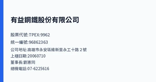 有益鋼鐵股份有限公司 股票代號 TPEX:9962 統編 96862363 上櫃公司基本資料圖