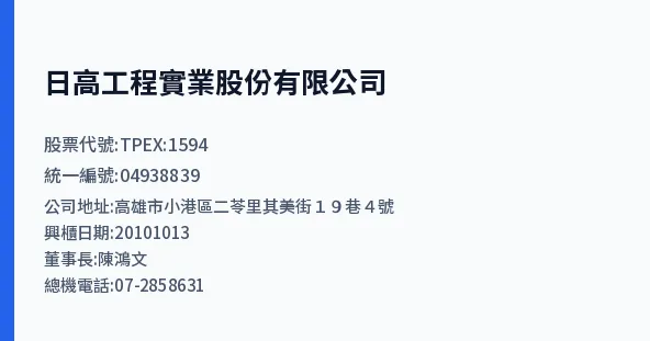 日高工程實業股份有限公司 股票代號 TPEX:1594 統編 04938839 興櫃公司基本資料圖