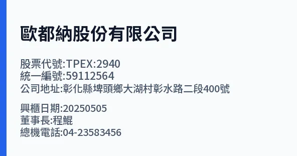 歐都納股份有限公司 股票代號 TPEX:2940 統編 59112564 興櫃公司基本資料圖