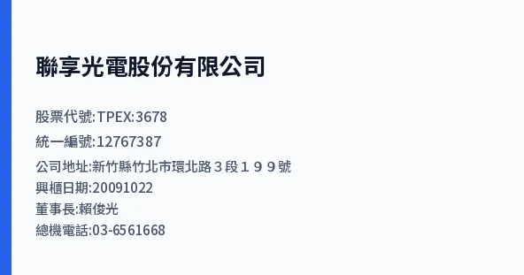 聯享光電股份有限公司 股票代號 TPEX:3678 統編 12767387 興櫃公司基本資料圖