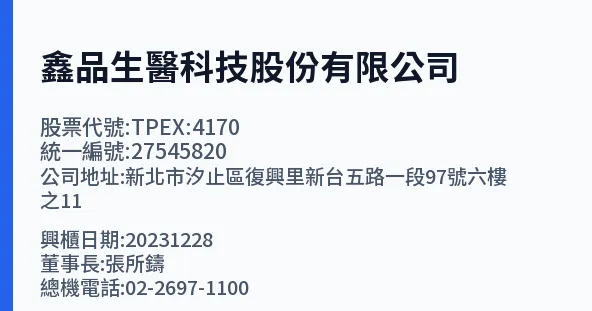 鑫品生醫科技股份有限公司 股票代號 TPEX:4170 統編 27545820 興櫃公司基本資料圖
