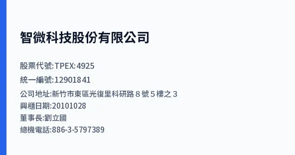 智微科技股份有限公司 股票代號 TPEX:4925 統編 12901841 興櫃公司基本資料圖