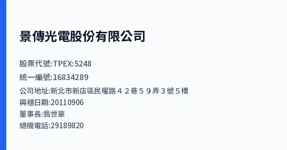 景傳光電股份有限公司 股票代號 TPEX:5248 統編 16834289 興櫃公司基本資料圖
