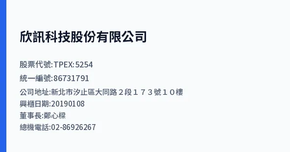 欣訊科技股份有限公司 股票代號 TPEX:5254 統編 86731791 興櫃公司基本資料圖
