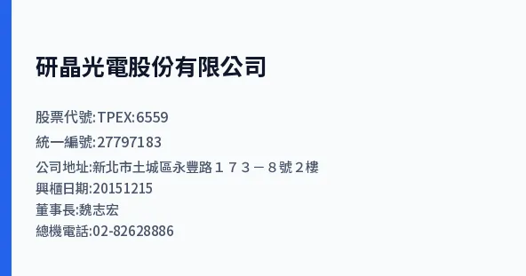 研晶光電股份有限公司 股票代號 TPEX:6559 統編 27797183 興櫃公司基本資料圖